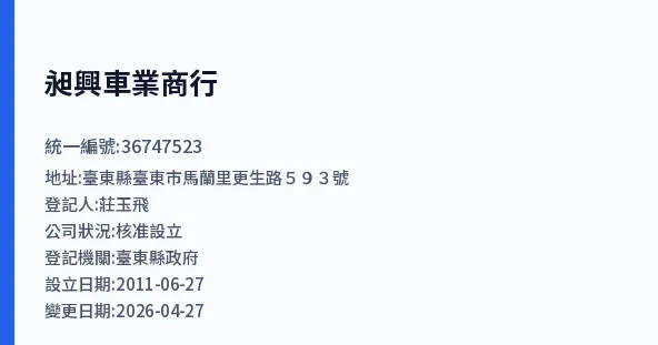 昶興車業商行的照片-統編 36747523(臺東縣) 公司登記資料與營業項目詳細圖表