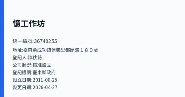 憶工作坊的照片-統編 36748255(臺東縣) 公司登記資料與營業項目詳細圖表