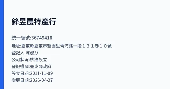 鋒昱農特產行的照片-統編 36749418(臺東縣) 公司登記資料與營業項目詳細圖表