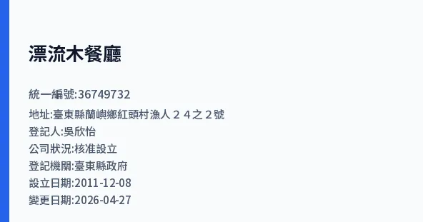 漂流木餐廳的照片-統編 36749732(臺東縣) 公司登記資料與營業項目詳細圖表
