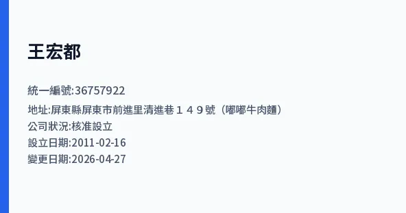 王宏都的照片-統編 36757922(屏東縣) 公司登記資料與營業項目詳細圖表