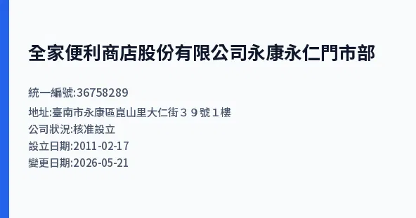 全家便利商店股份有限公司永康永仁門市部的照片-統編 36758289(臺南市) 公司登記資料與營業項目詳細圖表