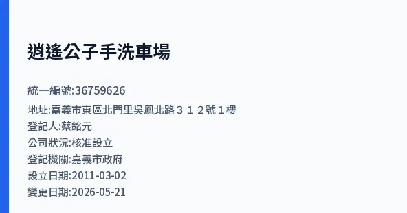 逍遙公子手洗車場的照片-統編 36759626(嘉義市) 公司登記資料與營業項目詳細圖表