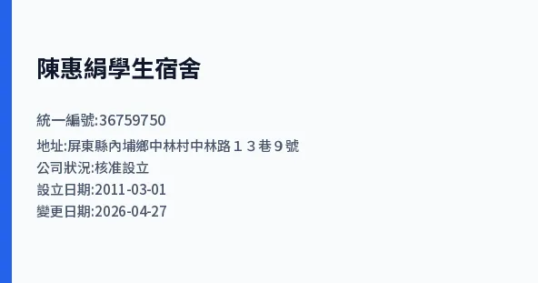 陳惠絹學生宿舍的照片-統編 36759750(屏東縣) 公司登記資料與營業項目詳細圖表