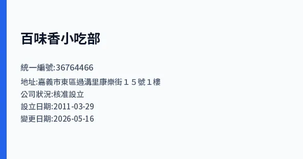 百味香小吃部的照片-統編 36764466(嘉義市) 公司登記資料與營業項目詳細圖表
