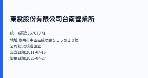 東震股份有限公司台南營業所的照片-統編 36767371(臺南市) 公司登記資料與營業項目詳細圖表