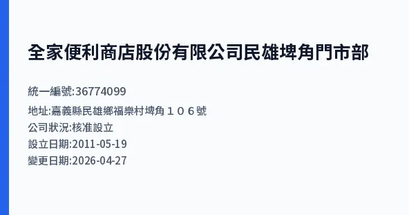 全家便利商店股份有限公司民雄埤角門市部的照片-統編 36774099(嘉義縣) 公司登記資料與營業項目詳細圖表
