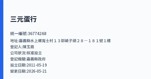 三元蛋行的照片-統編 36774268(嘉義縣) 公司登記資料與營業項目詳細圖表