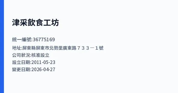 津采飲食工坊的照片-統編 36775169(屏東縣) 公司登記資料與營業項目詳細圖表
