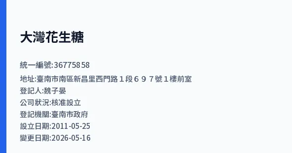 大灣花生糖的照片-統編 36775858(臺南市) 公司登記資料與營業項目詳細圖表