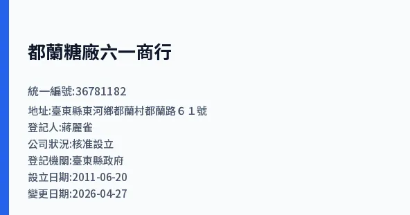 都蘭糖廠六一商行的照片-統編 36781182(臺東縣) 公司登記資料與營業項目詳細圖表