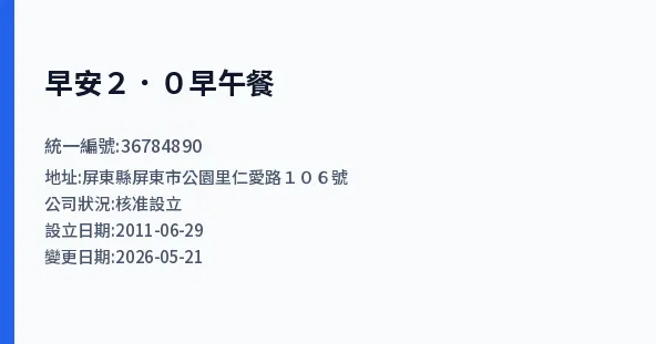 早安2.0早午餐的照片-統編 36784890(屏東縣) 公司登記資料與營業項目詳細圖表