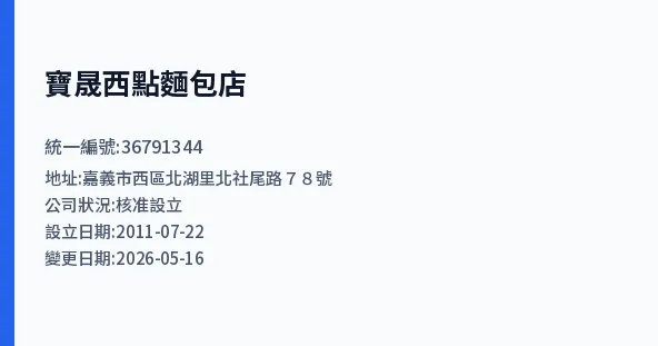 寶晟西點麵包店的照片-統編 36791344(嘉義市) 公司登記資料與營業項目詳細圖表