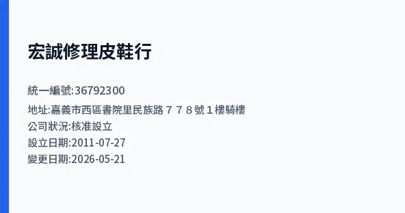 宏誠修理皮鞋行的照片-統編 36792300(嘉義市) 公司登記資料與營業項目詳細圖表
