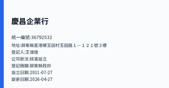 慶昌企業行的照片-統編 36792532(屏東縣) 公司登記資料與營業項目詳細圖表