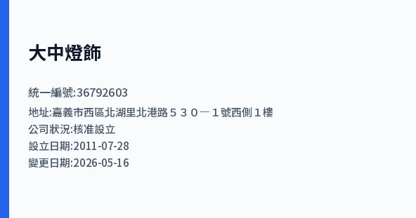 大中燈飾的照片-統編 36792603(嘉義市) 公司登記資料與營業項目詳細圖表