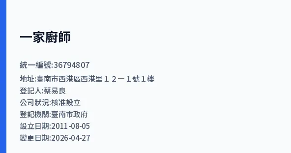 一家廚師的照片-統編 36794807(臺南市) 公司登記資料與營業項目詳細圖表