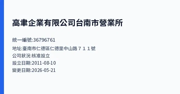 高聿企業有限公司台南市營業所的照片-統編 36796761(臺南市) 公司登記資料與營業項目詳細圖表