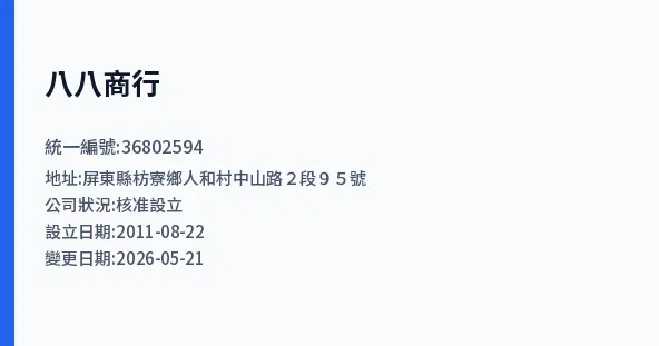 八八商行的照片-統編 36802594(屏東縣) 公司登記資料與營業項目詳細圖表