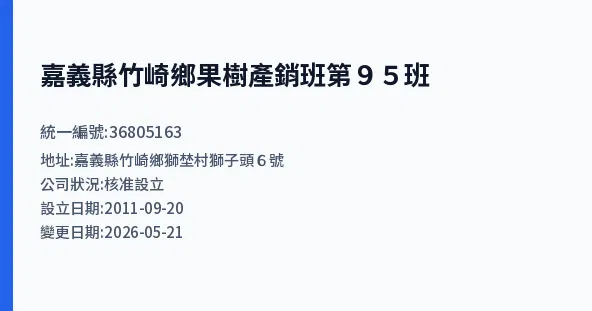 嘉義縣竹崎鄉果樹產銷班第95班的照片-統編 36805163(嘉義縣) 公司登記資料與營業項目詳細圖表