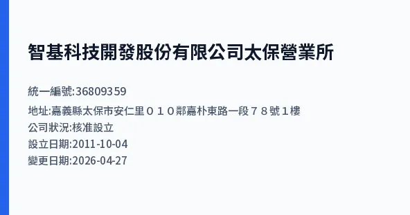 智基科技開發股份有限公司太保營業所的照片-統編 36809359(嘉義縣) 公司登記資料與營業項目詳細圖表
