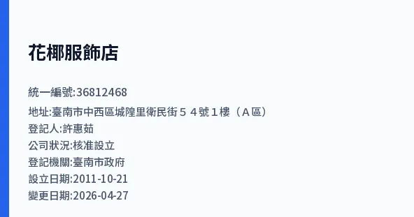 花椰服飾店的照片-統編 36812468(臺南市) 公司登記資料與營業項目詳細圖表