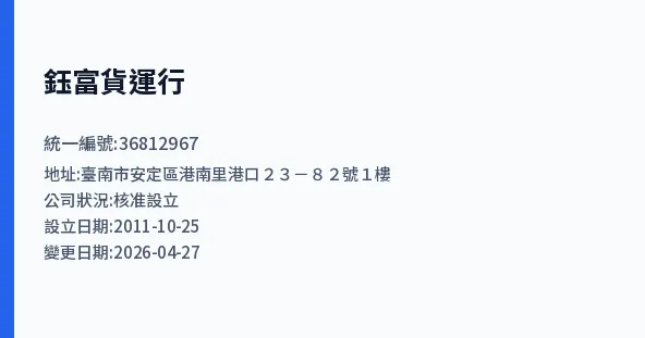 鈺富貨運行的照片-統編 36812967(臺南市) 公司登記資料與營業項目詳細圖表