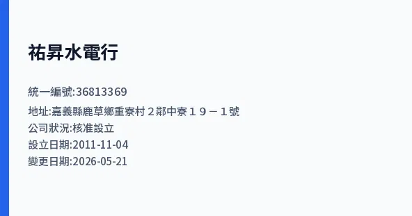 祐昇水電行的照片-統編 36813369(嘉義縣) 公司登記資料與營業項目詳細圖表