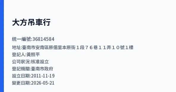大方吊車行的照片-統編 36814584(臺南市) 公司登記資料與營業項目詳細圖表