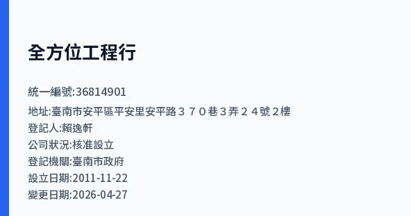 全方位工程行的照片-統編 36814901(臺南市) 公司登記資料與營業項目詳細圖表