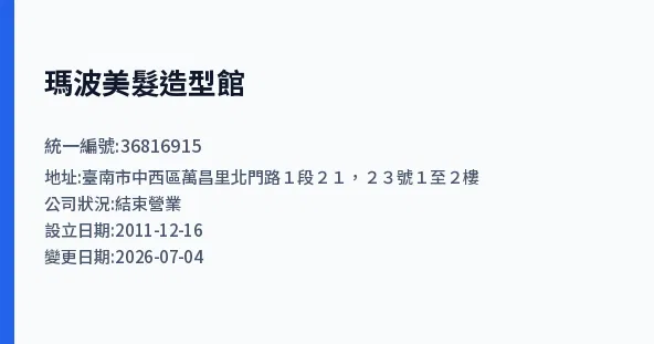 瑪波美髮造型館的照片-統編 36816915(臺南市) 公司登記資料與營業項目詳細圖表
