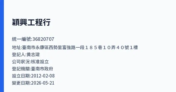 穎興工程行的照片-統編 36820707(臺南市) 公司登記資料與營業項目詳細圖表