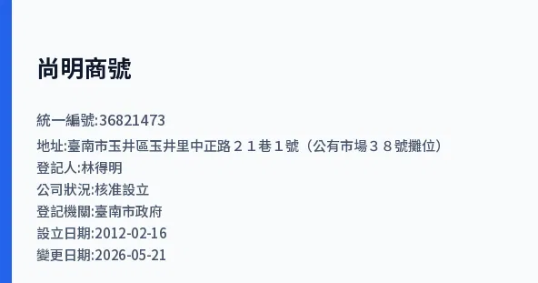 尚明商號的照片-統編 36821473(臺南市) 公司登記資料與營業項目詳細圖表