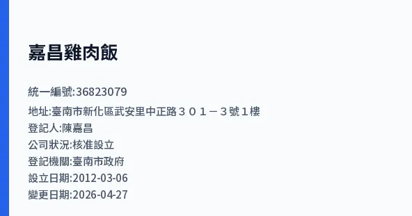 嘉昌雞肉飯的照片-統編 36823079(臺南市) 公司登記資料與營業項目詳細圖表