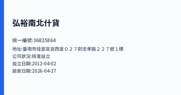 弘裕南北什貨的照片-統編 36825864(臺南市) 公司登記資料與營業項目詳細圖表