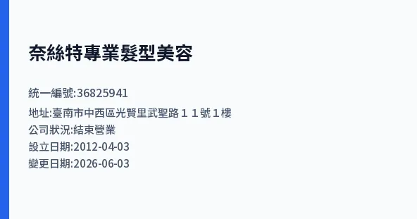 奈絲特專業髮型美容的照片-統編 36825941(臺南市) 公司登記資料與營業項目詳細圖表