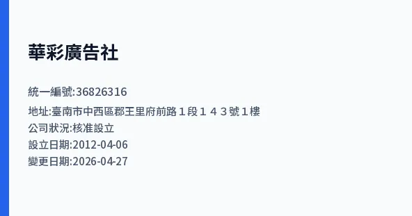 華彩廣告社的照片-統編 36826316(臺南市) 公司登記資料與營業項目詳細圖表