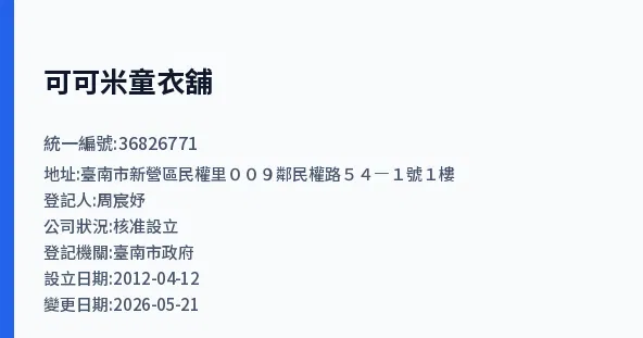 可可米童衣舖的照片-統編 36826771(臺南市) 公司登記資料與營業項目詳細圖表
