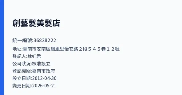 創藝髮美髮店的照片-統編 36828222(臺南市) 公司登記資料與營業項目詳細圖表