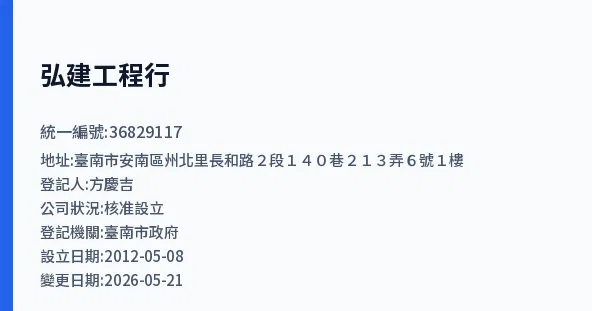弘建工程行的照片-統編 36829117(臺南市) 公司登記資料與營業項目詳細圖表
