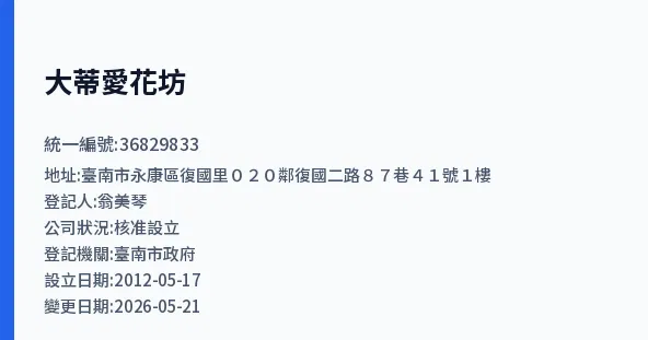 大蒂愛花坊的照片-統編 36829833(臺南市) 公司登記資料與營業項目詳細圖表