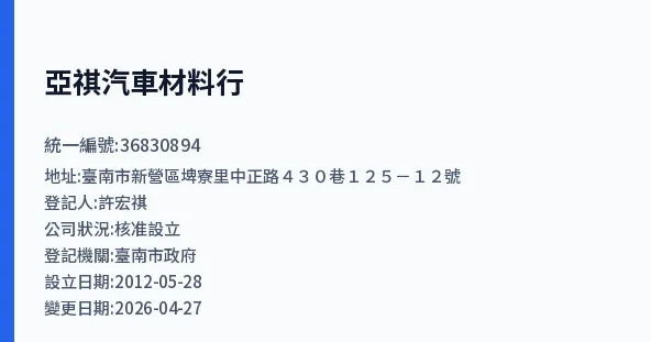 亞祺汽車材料行的照片-統編 36830894(臺南市) 公司登記資料與營業項目詳細圖表