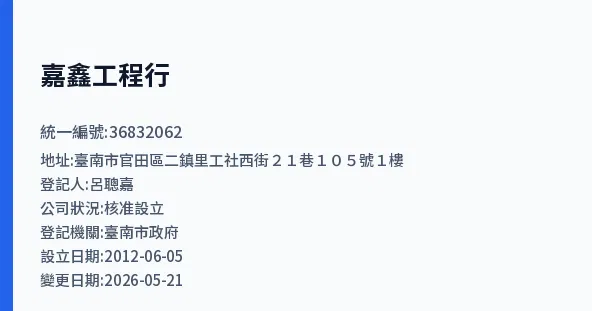 嘉鑫工程行的照片-統編 36832062(臺南市) 公司登記資料與營業項目詳細圖表
