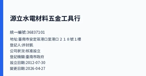 源立水電材料五金工具行的照片-統編 36837101(臺南市) 公司登記資料與營業項目詳細圖表