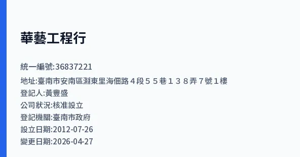 華藝工程行的照片-統編 36837221(臺南市) 公司登記資料與營業項目詳細圖表