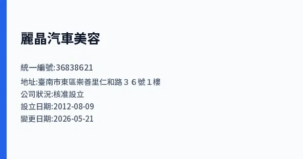 麗晶汽車美容的照片-統編 36838621(臺南市) 公司登記資料與營業項目詳細圖表