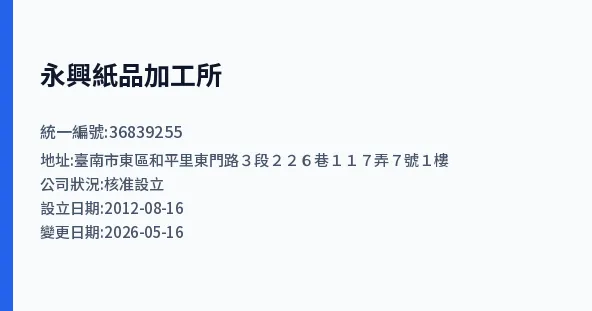 永興紙品加工所的照片-統編 36839255(臺南市) 公司登記資料與營業項目詳細圖表