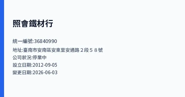 照會鐵材行的照片-統編 36840990(臺南市) 公司登記資料與營業項目詳細圖表
