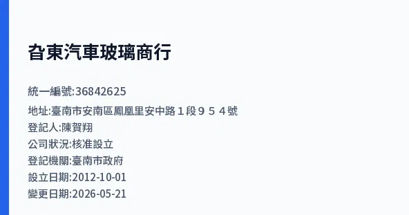 旮東汽車玻璃商行的照片-統編 36842625(臺南市) 公司登記資料與營業項目詳細圖表