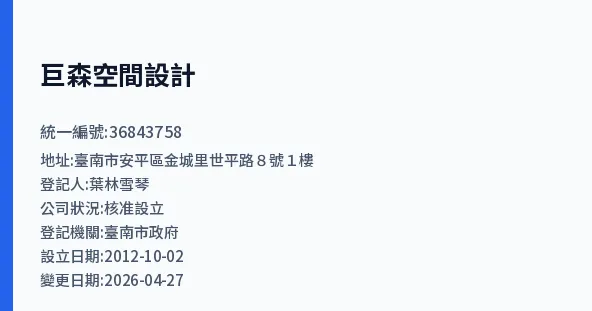 巨森空間設計的照片-統編 36843758(臺南市) 公司登記資料與營業項目詳細圖表